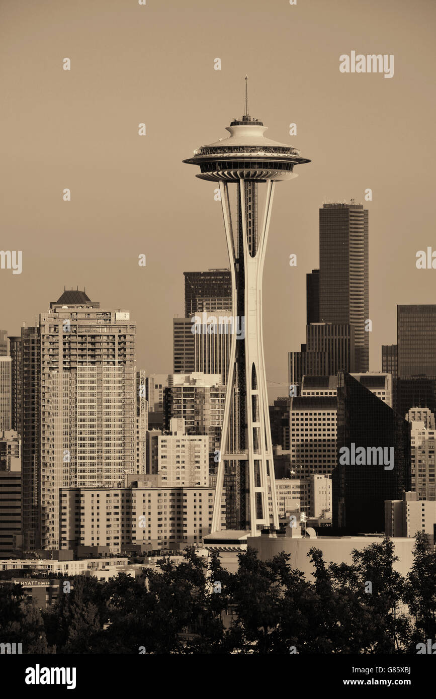 Seattle city skyline at sunset with urban office buildings viewed from ...