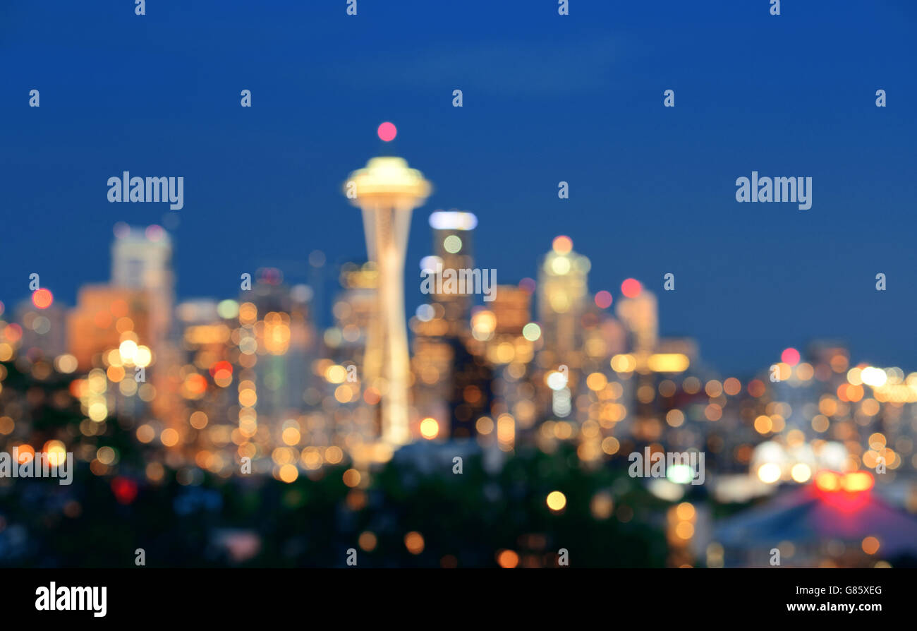 Seattle city skyline at night with urban office buildings viewed from ...