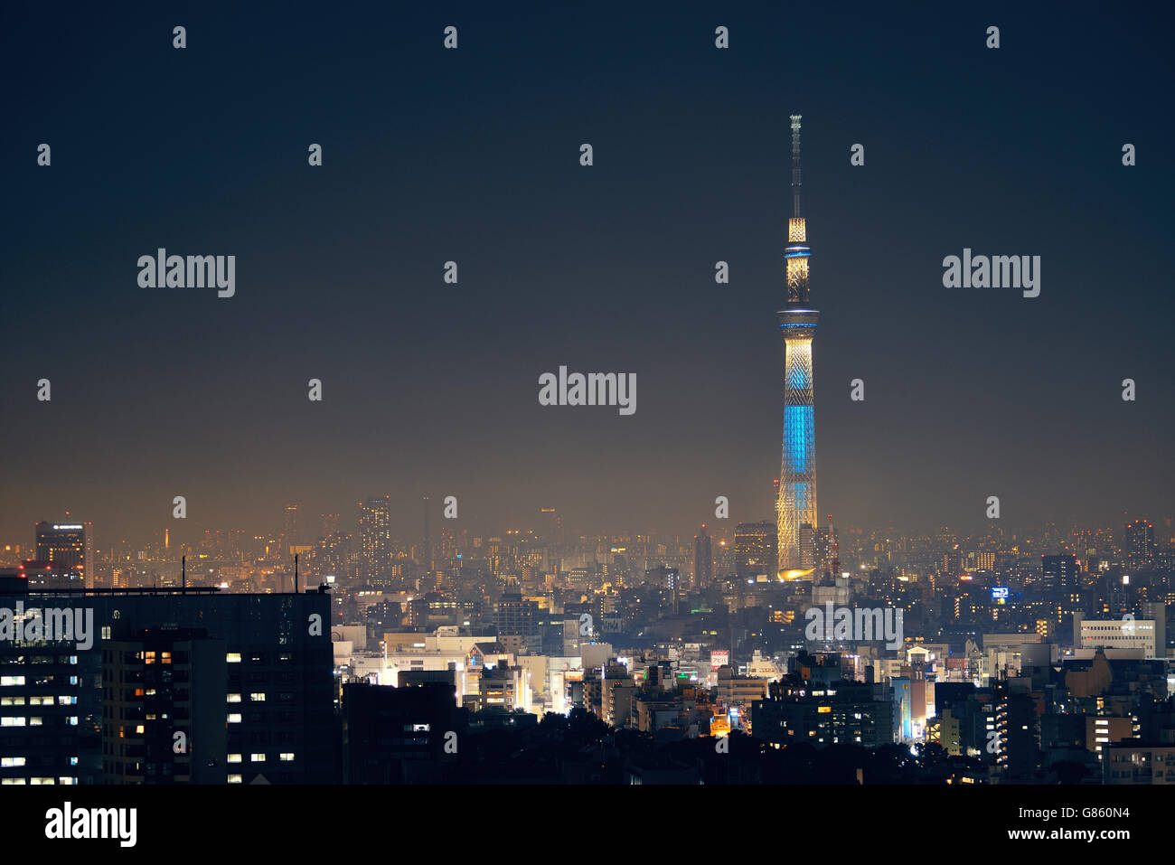 Tokyo Skytree and urban skyline rooftop view at night, Japan Stock ...