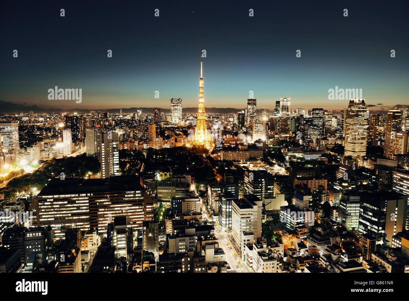 Tokyo Tower and urban skyline rooftop view at night, Japan Stock Photo ...