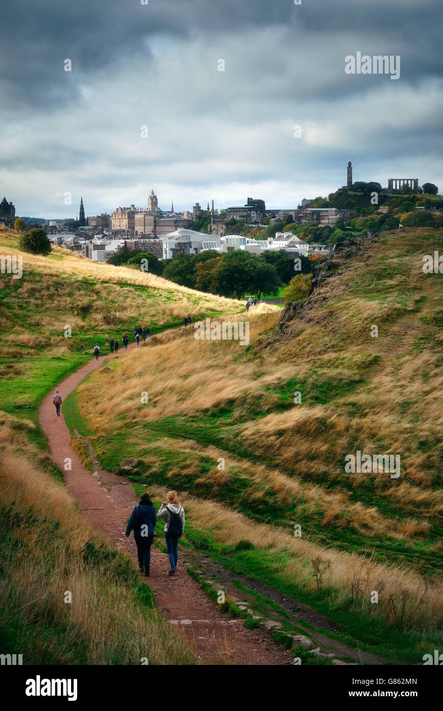 Edinburgh city viewed from top of Arthur's Seat in Holyrood Park Stock ...