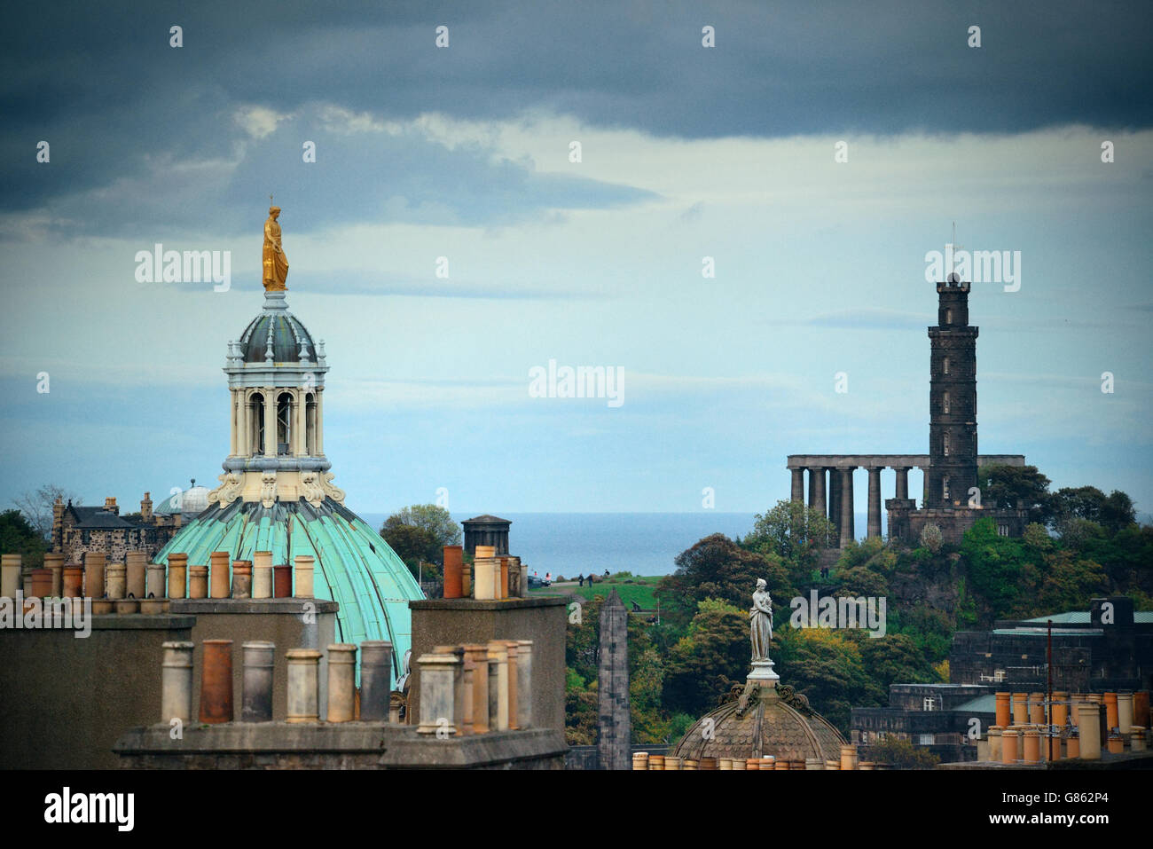 Edinburgh city rooftop view with historical architectures. United ...