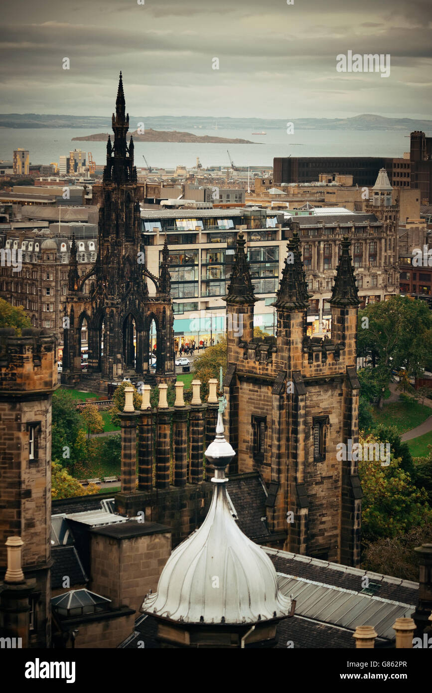 Edinburgh city rooftop view with historical architectures. United ...