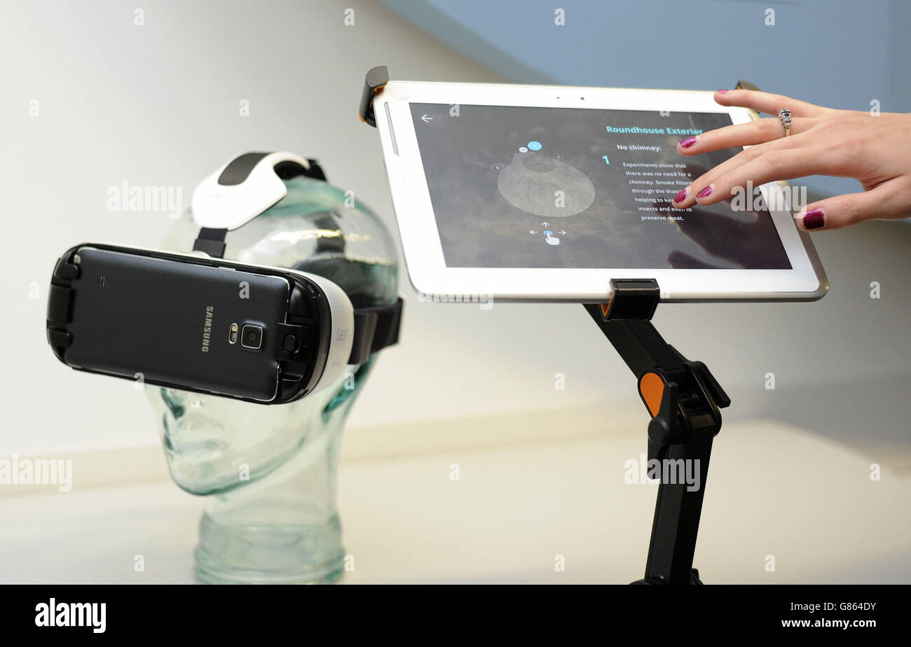 A Samsung Gear VR headset (left) with virtual 3D scans of objects and a ...