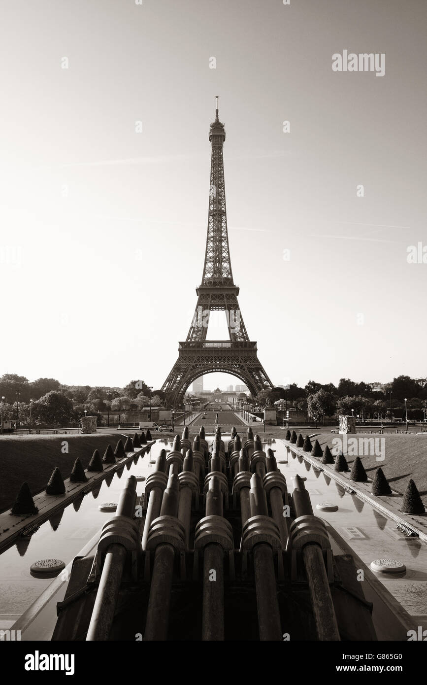 Eiffel Tower with fountain pipe as the famous city landmark in Paris ...