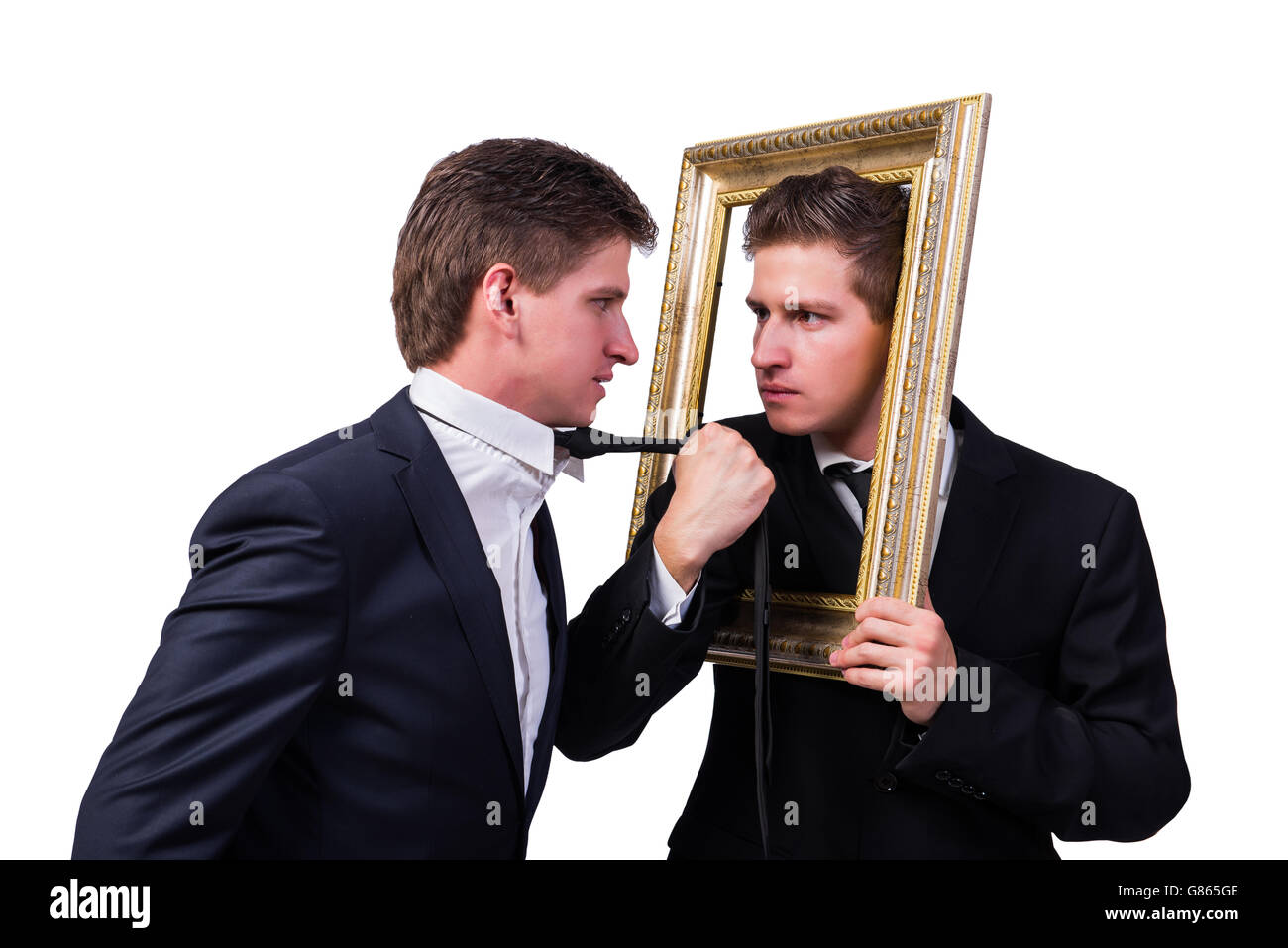 Two twins businessmen arguing with each other isolated on white Stock ...