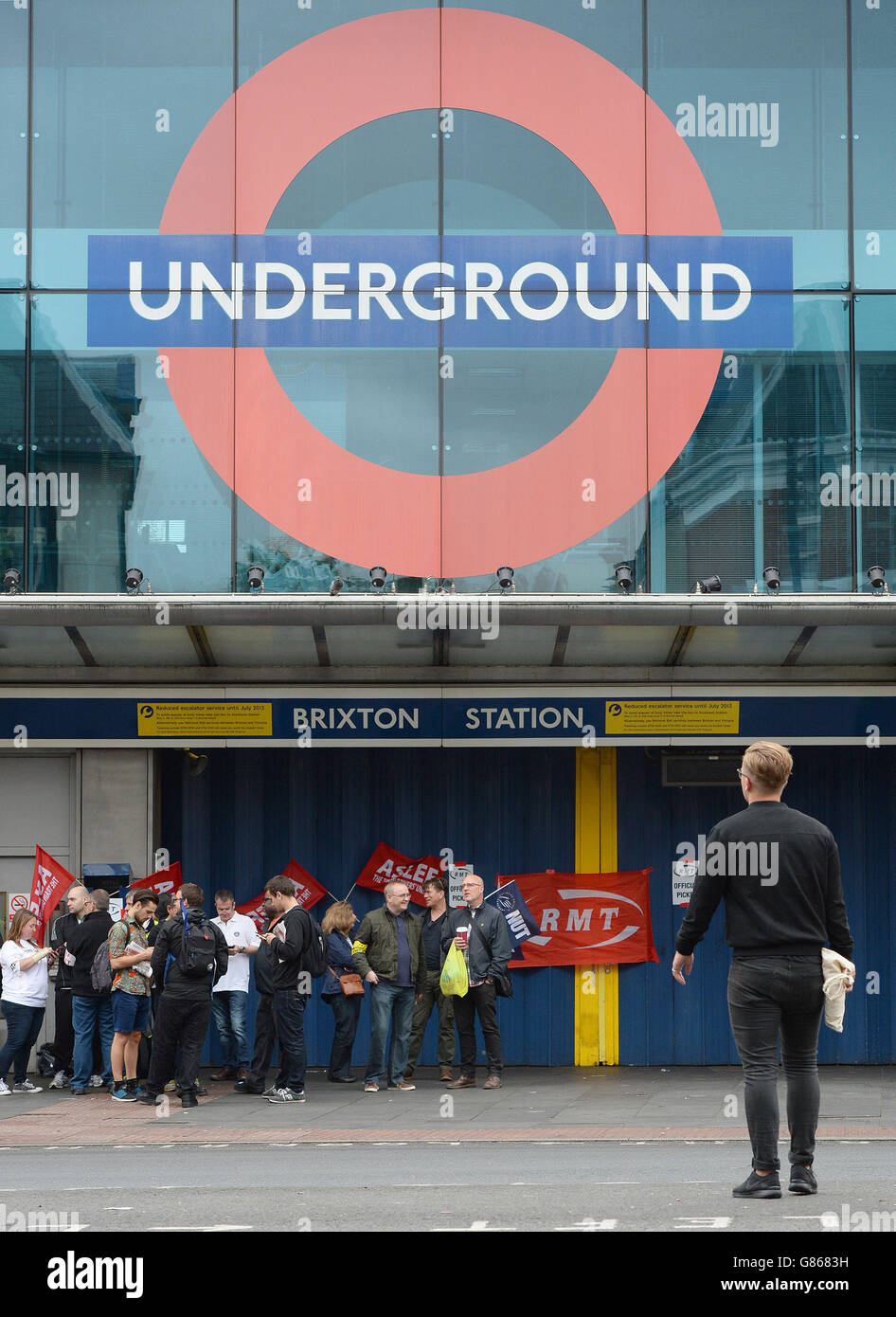 RMT members hold a picket outside Brixton Underground station, London ...