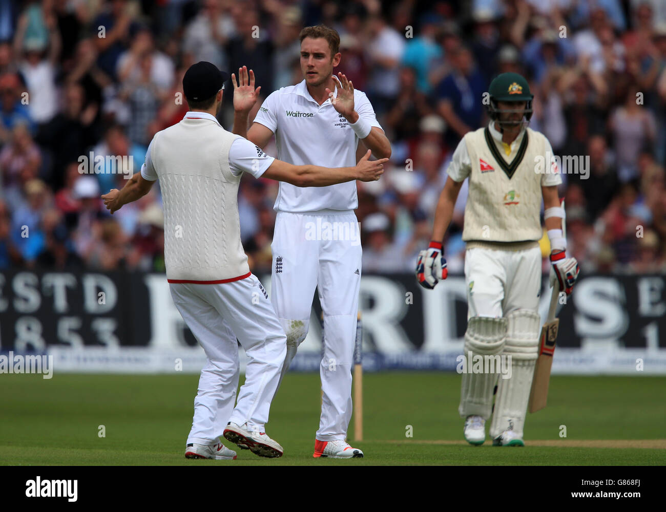 England bowler Stuart Broad celebrates taking his 8th wicket, the final ...