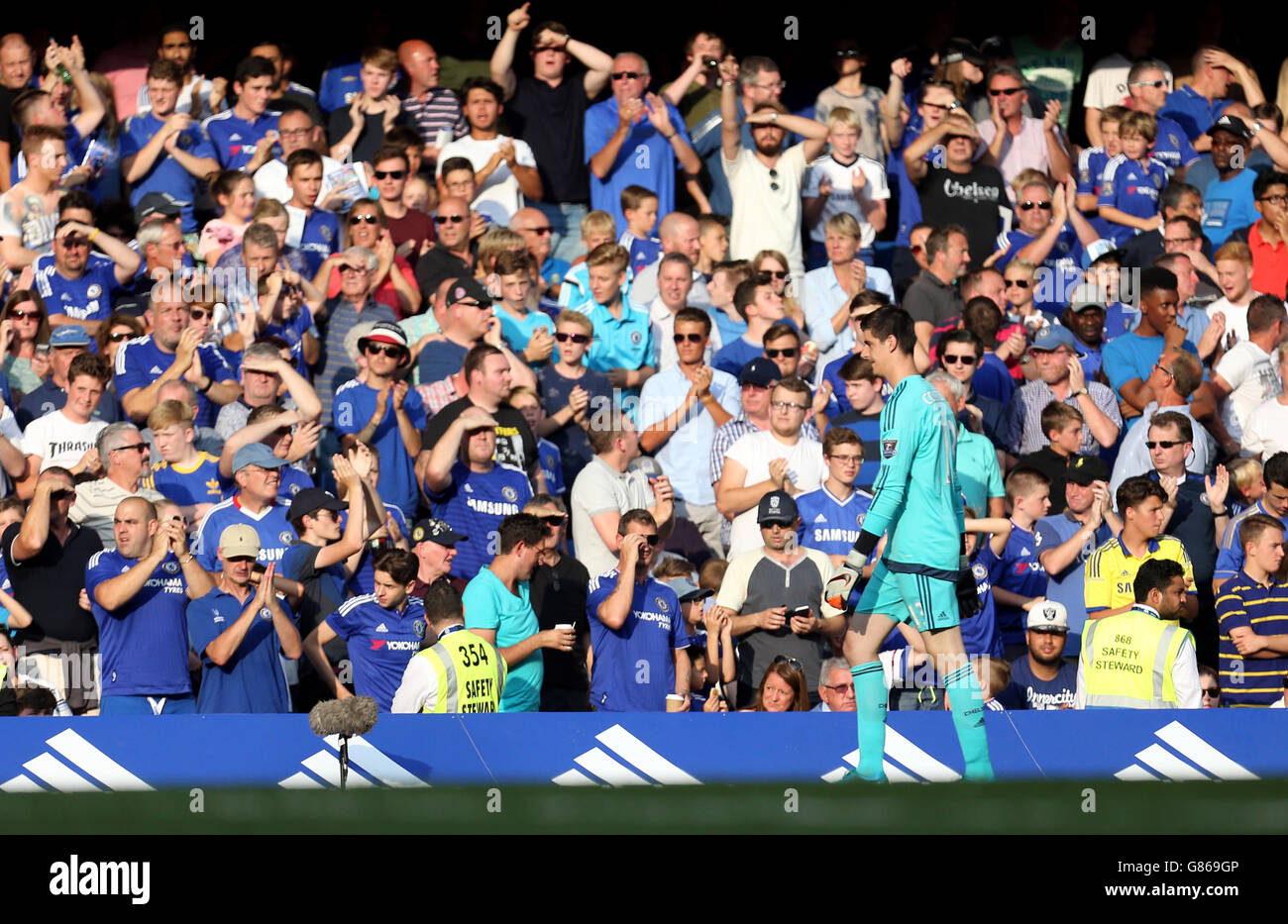 Chelsea goalkeeper Thibaut Courtois walks off after being shown a red ...