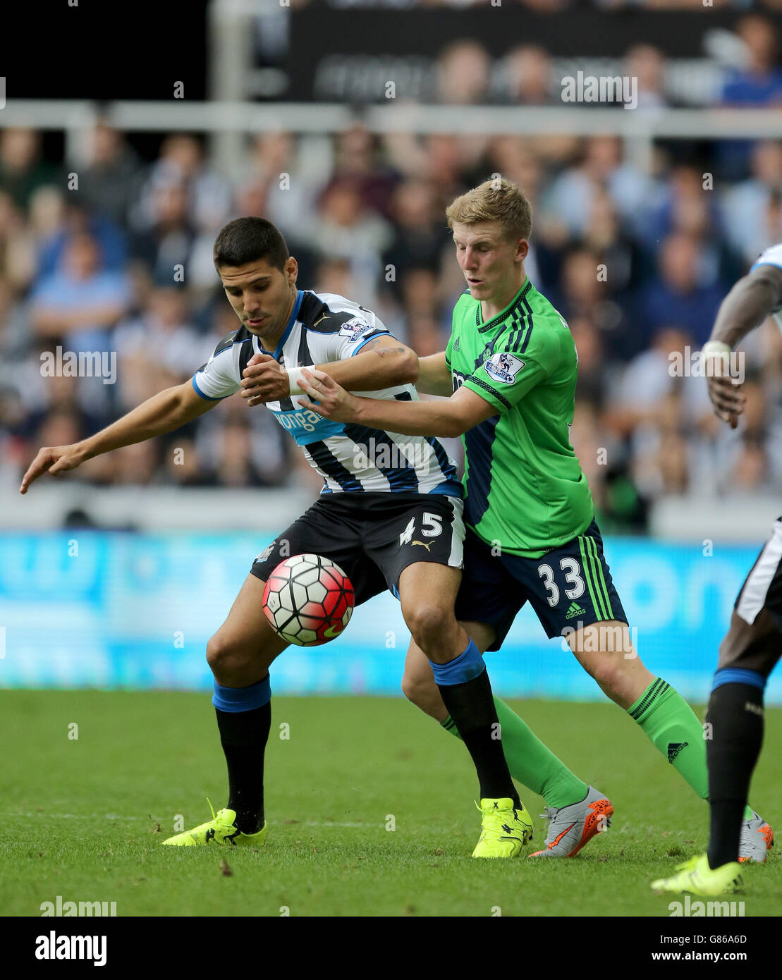 Newcastle United's Aleksandar Mitrovic (left) and Southampton's Matt ...