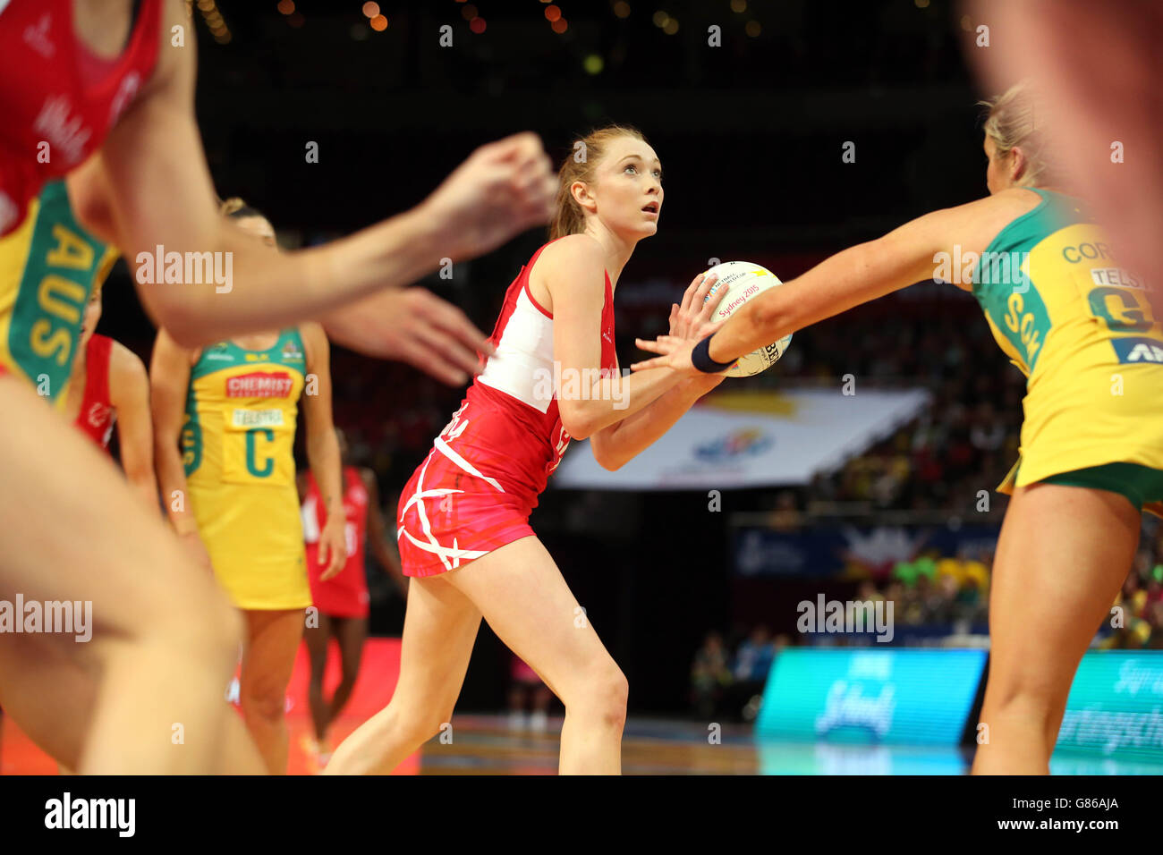 England's Helen Housby looks to shoot during the 2015 Netball World Cup ...