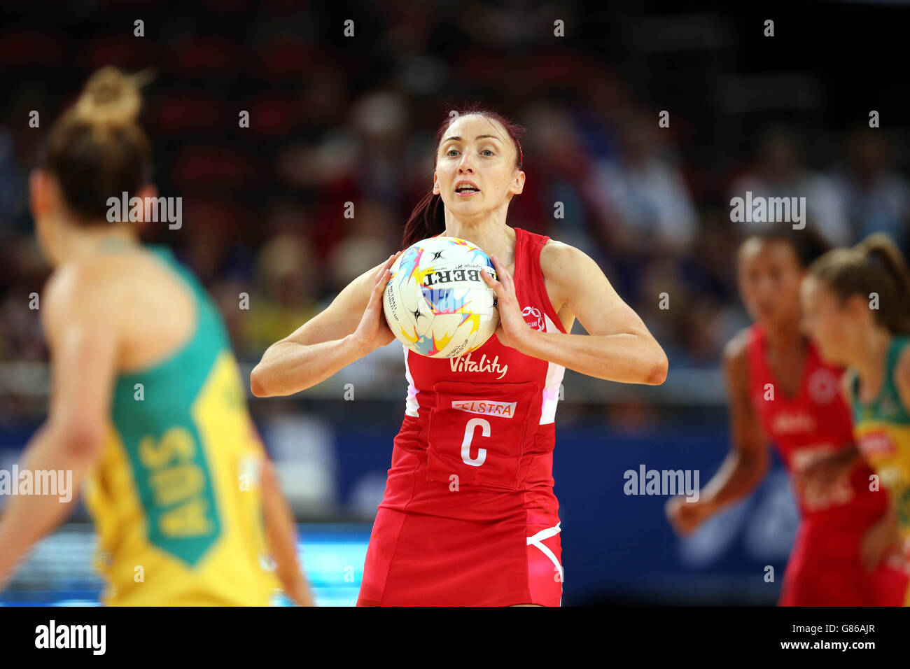 England's Jade Clarke looks to pass during the 2015 Netball World Cup ...