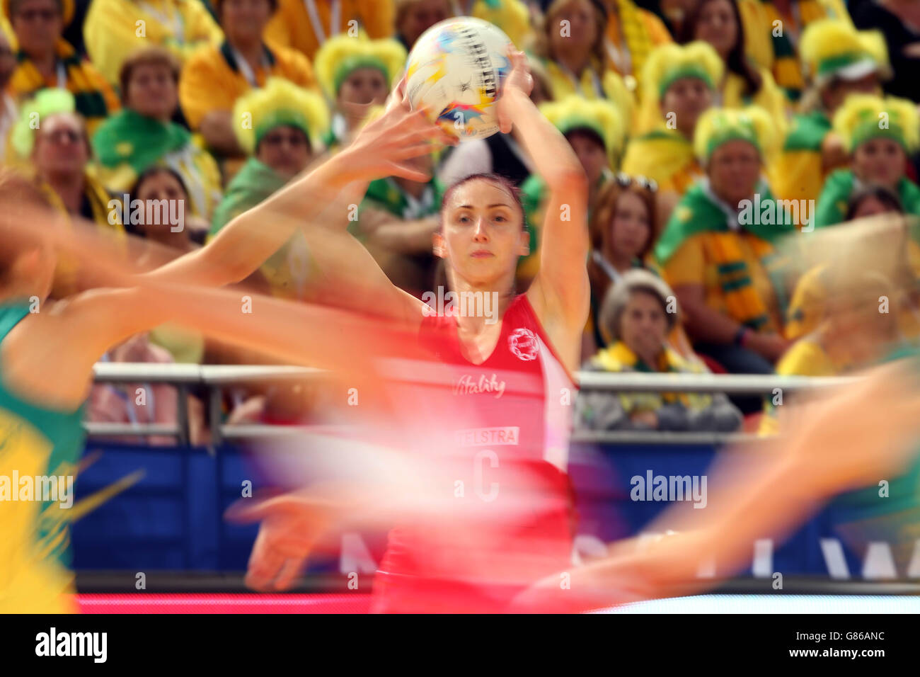 England's Jade Clarke looks to pass during the 2015 Netball World Cup ...