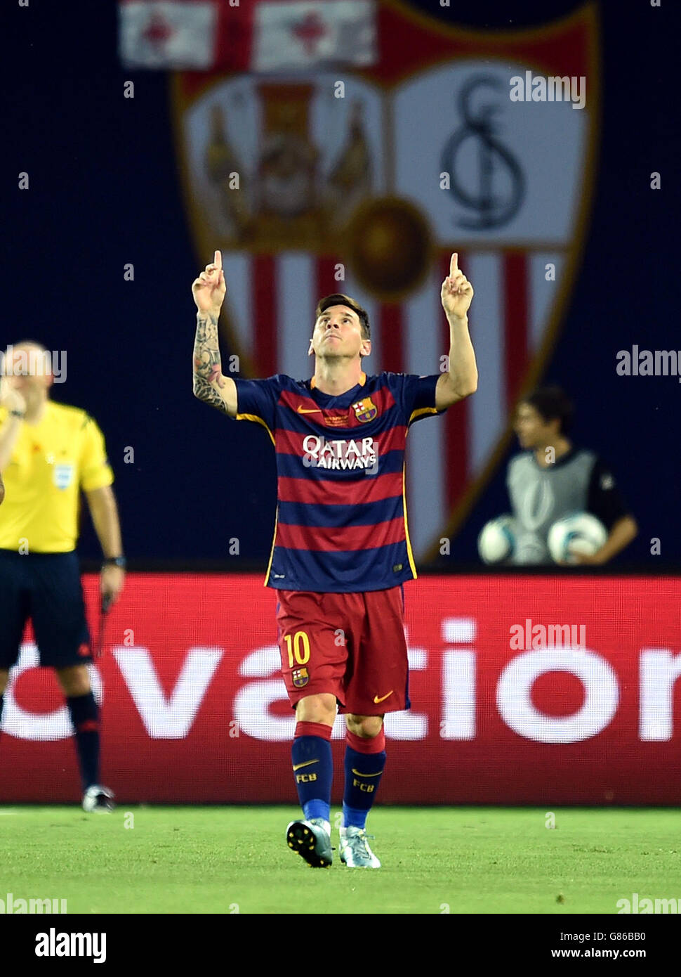 Barcelonas lionel messi celebrates scoring their goal of the game hi ...