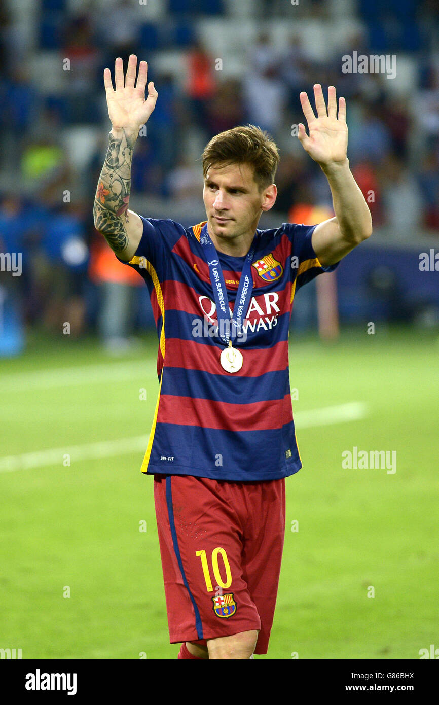 Barcelonas lionel messi after winning the uefa super cup hi-res stock ...