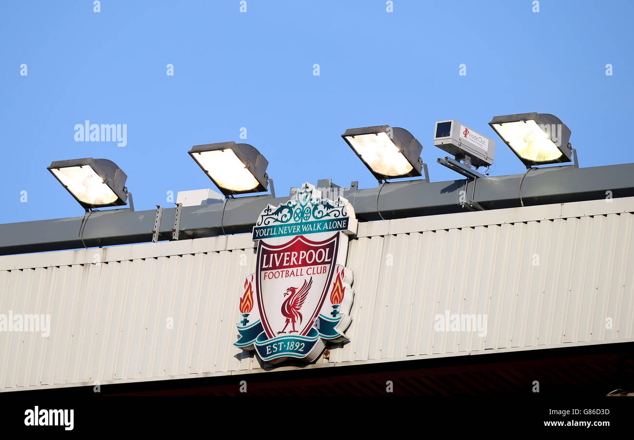 A general view of the Liverpool crest above the stands before the ...