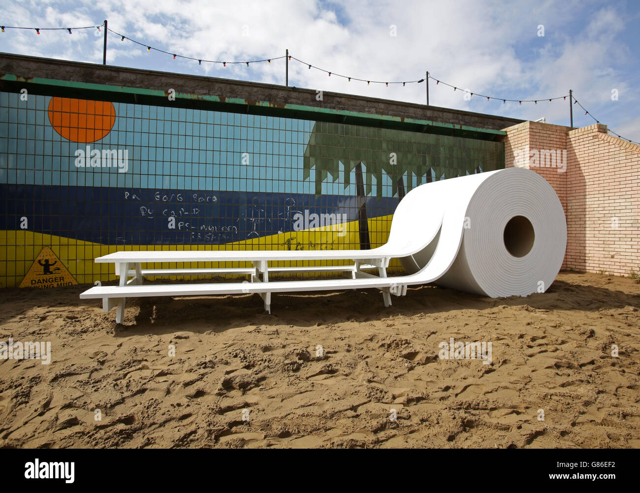 A loo roll bench during the press view for artist Banksy's biggest show ...