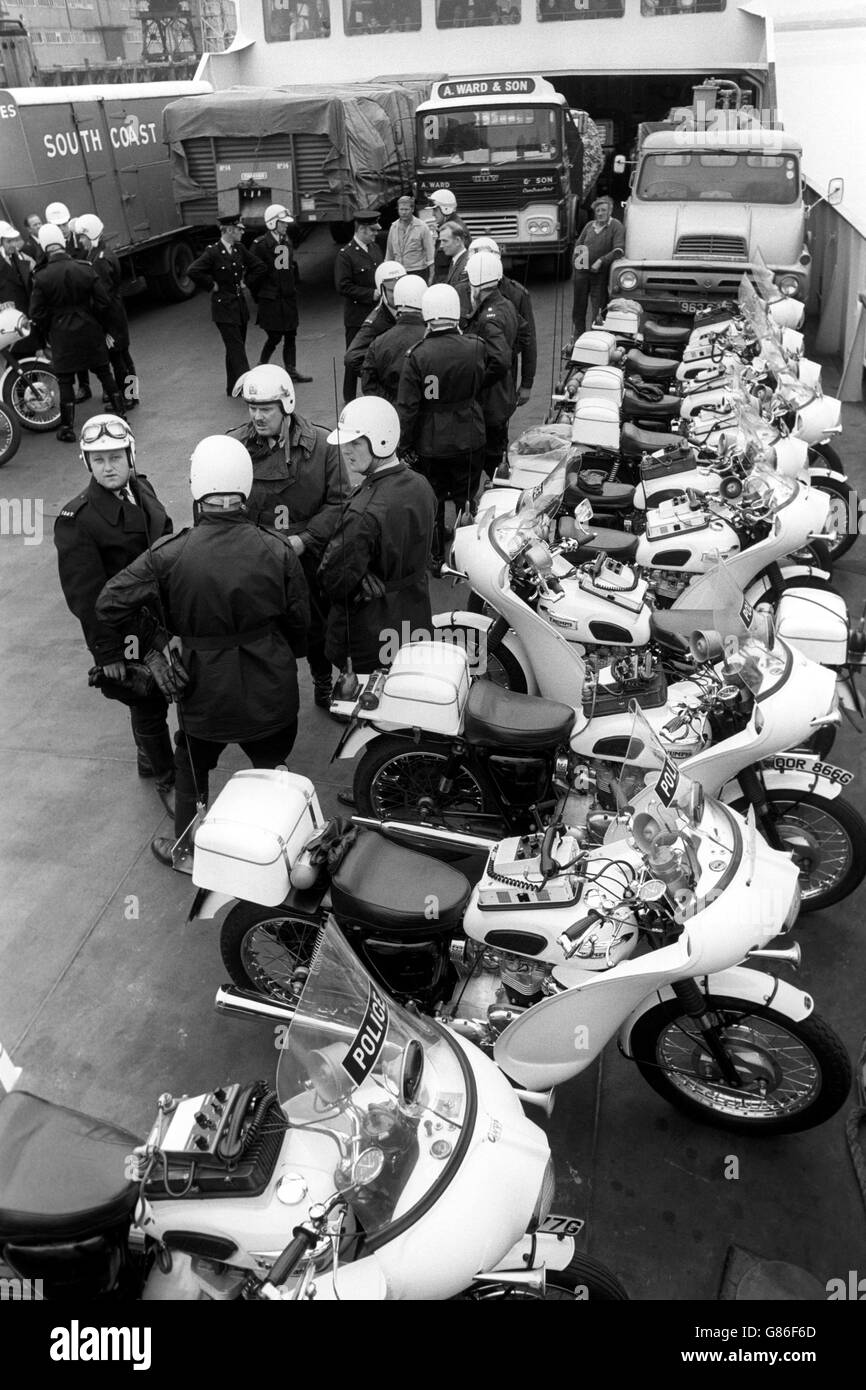 Police motorcyclists on board the red funnel lines car ferry hi-res ...