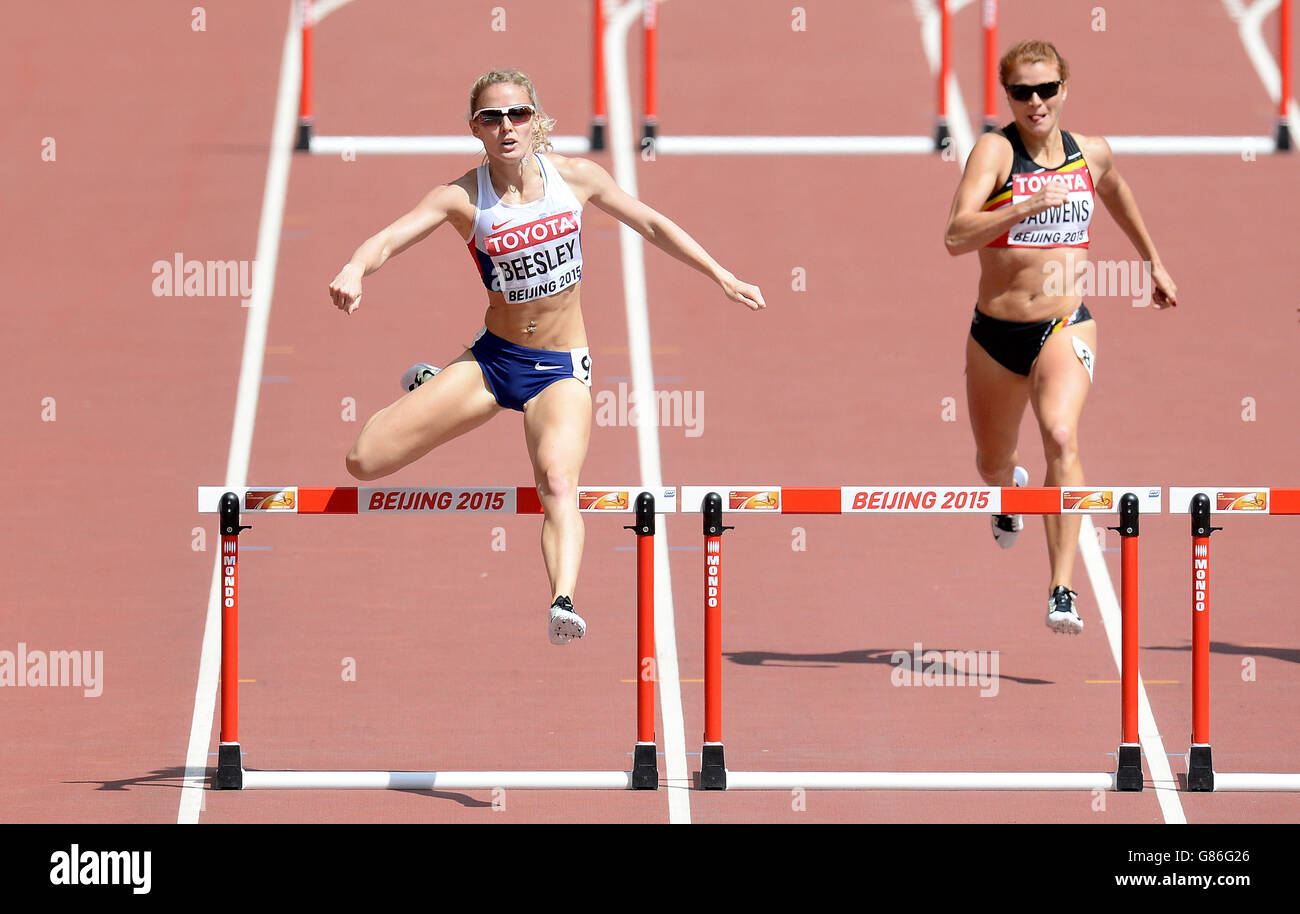 Great Britian's Meghan Beesley clears the final hurdle on her way to ...