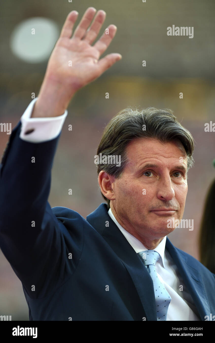 IAAF President Lord Sebastian Coe waves to the crowd during day two of ...