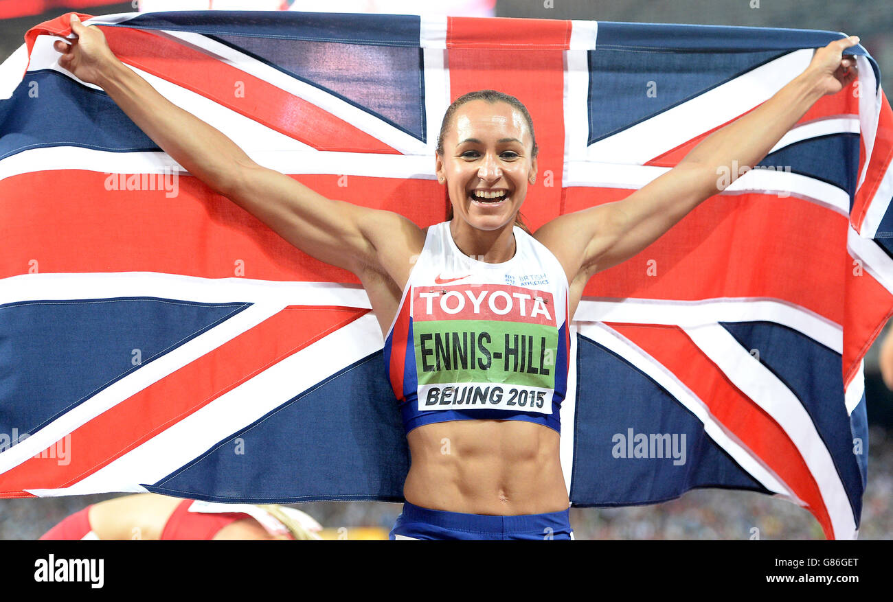 Great Britain's Jessica Ennis-Hill celebrates after winning gold in the ...