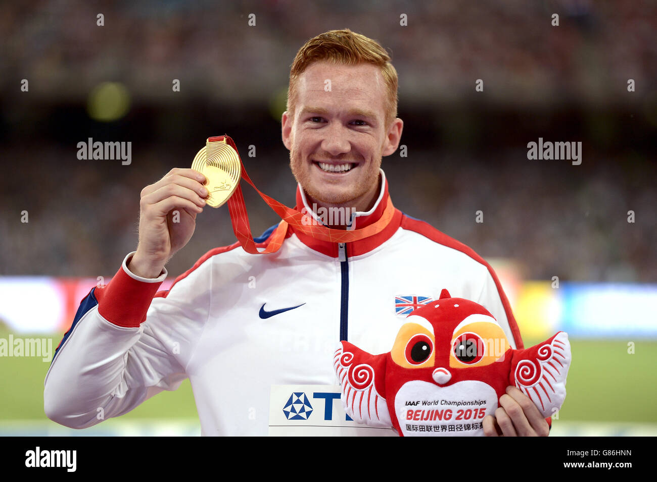 Great Britain's Greg Rutherford receives his Gold medal during the men ...