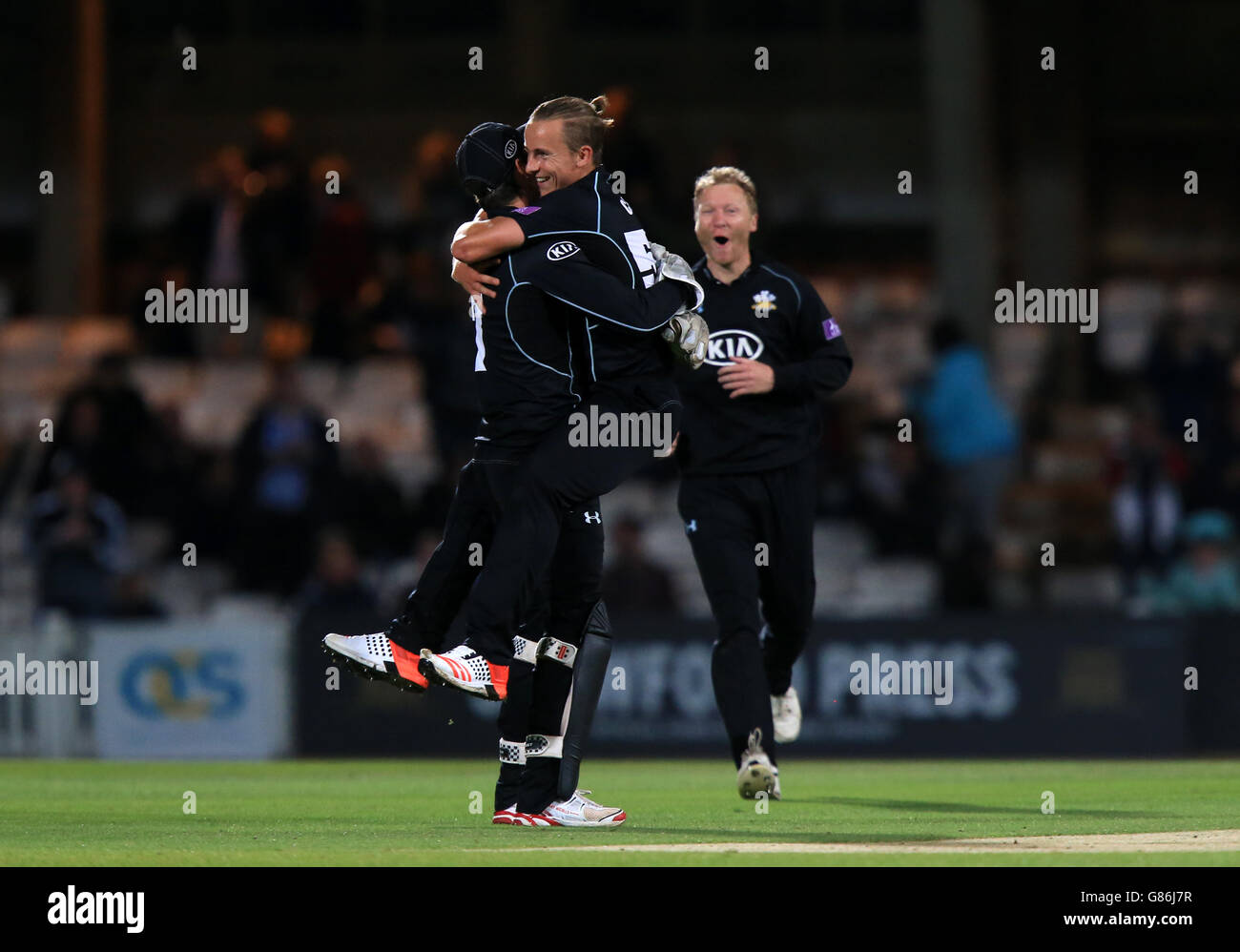 Surrey's Tom Curran celebrates taking the final wicket of the match to ...