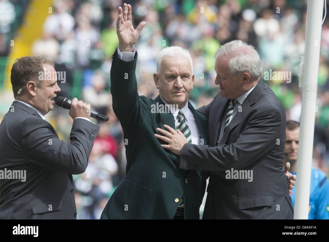 Former Celtic player John Clark thanks the crowd during the ...