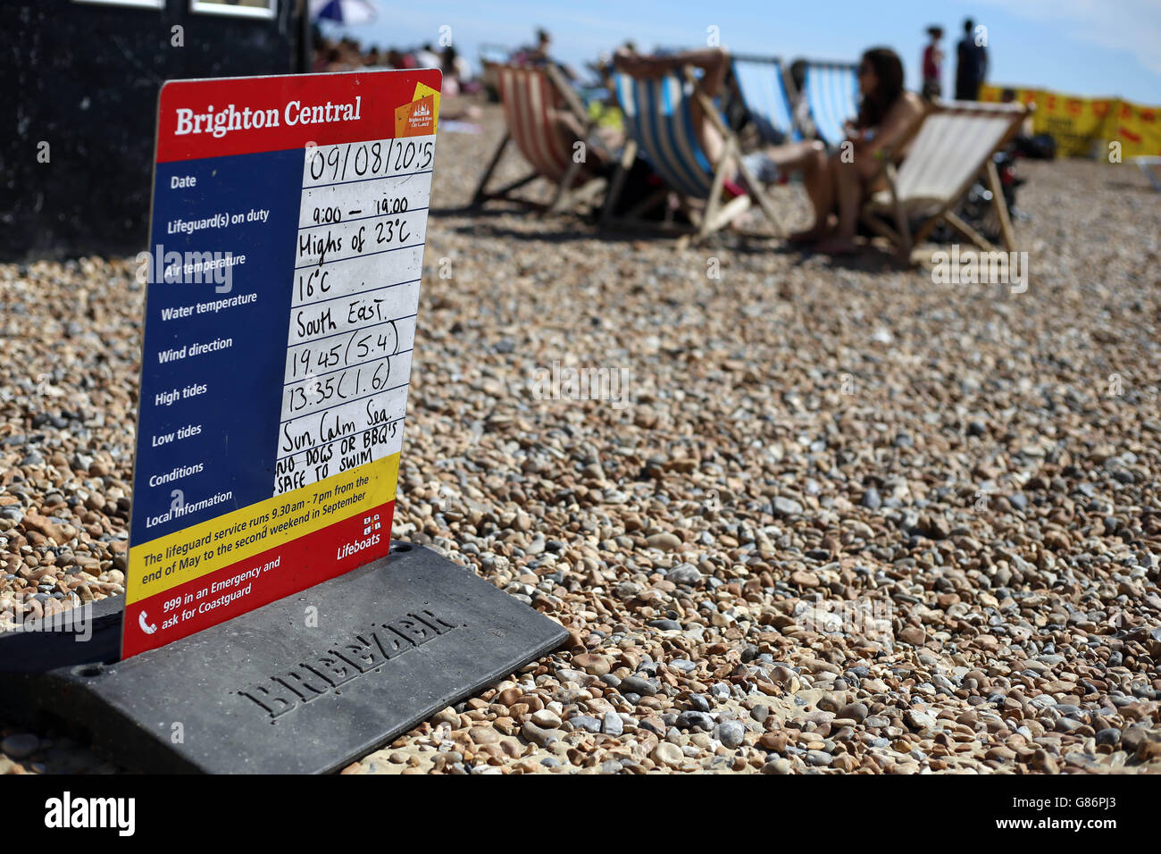 An information board for beachgoers on the beach in Brighton, East ...