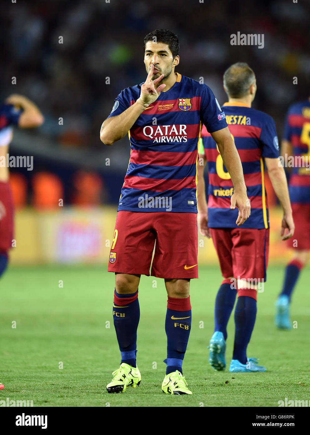 Barcelona's Luis Suarez celebrates scoring his side's fourth goal of ...