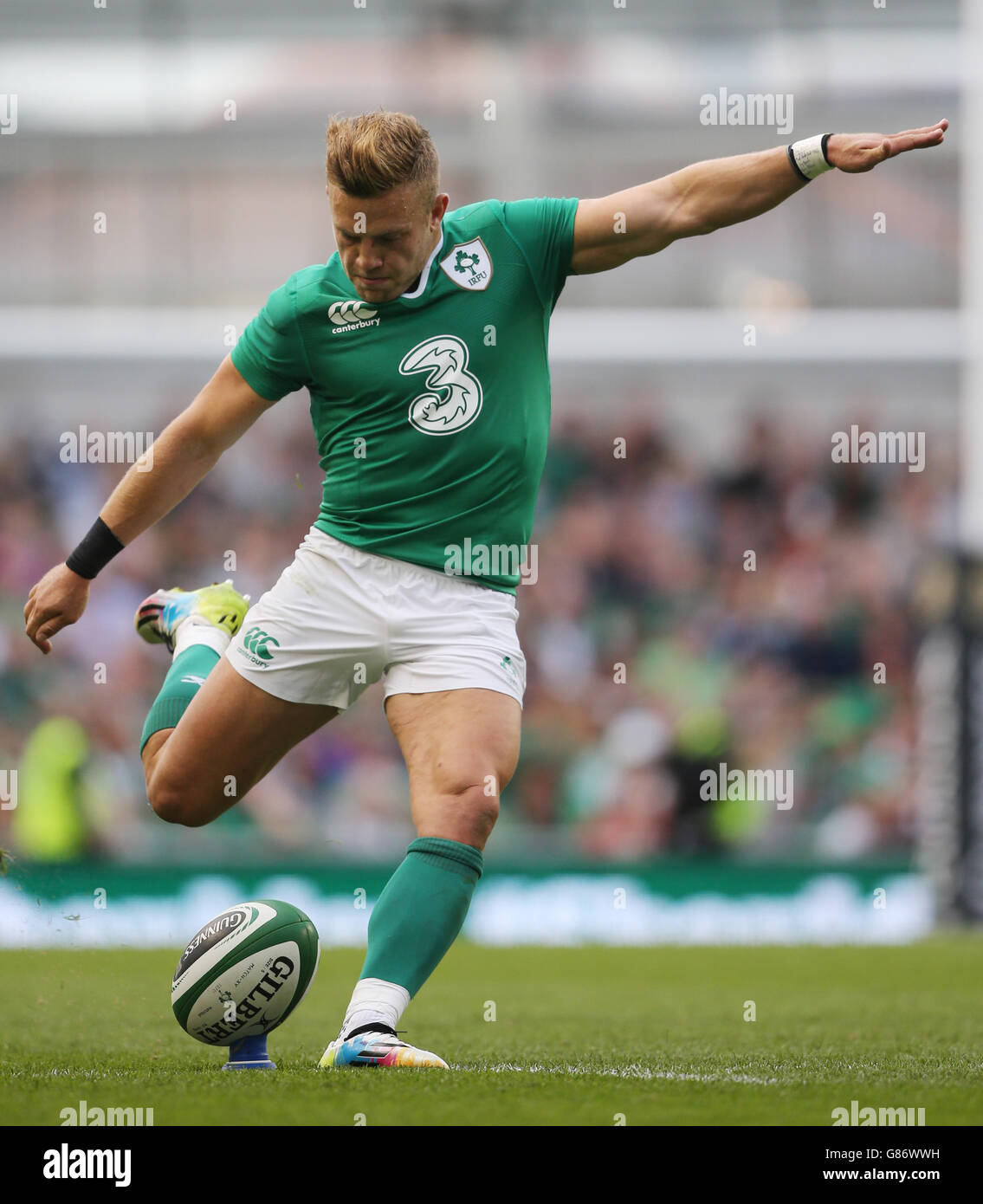 Irelands Ian Madigan kicks a conversion during the World Cup Warm Up ...