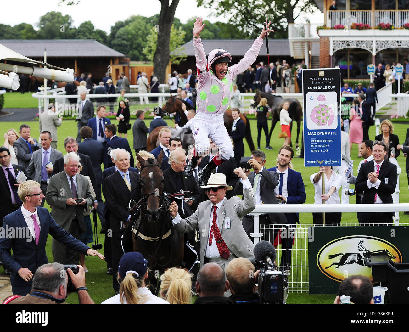 Frankie Dettori celebrates his victory on Max Dynamite in the ...