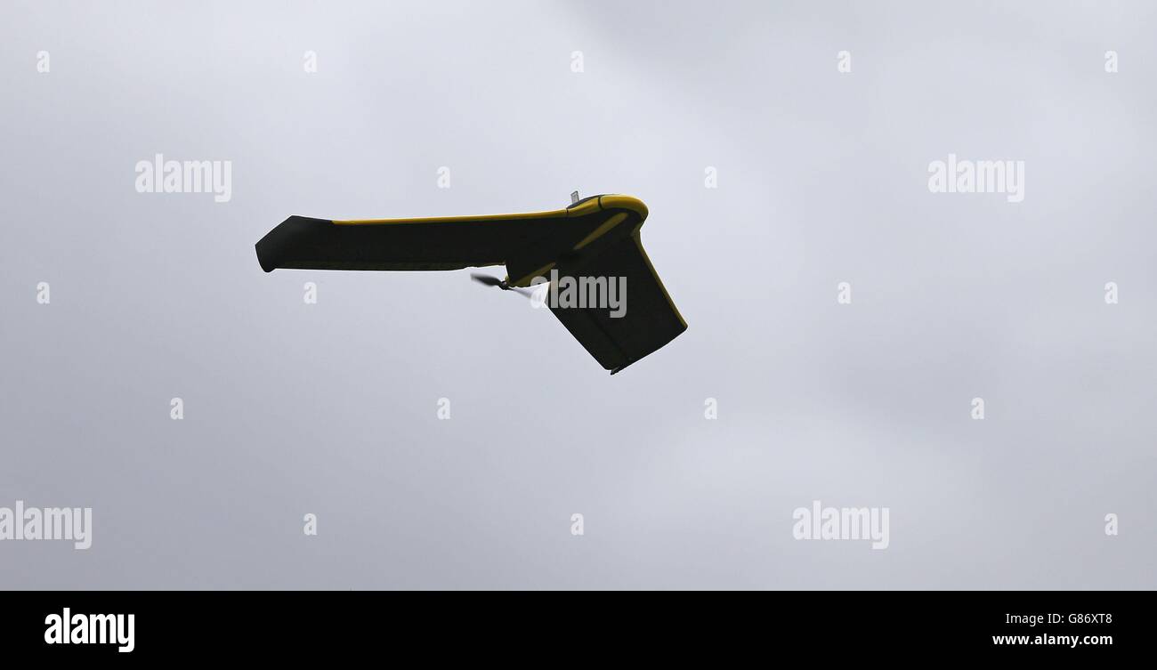 An EB-EE fixed wing survey drone is on display at the inaugural ...