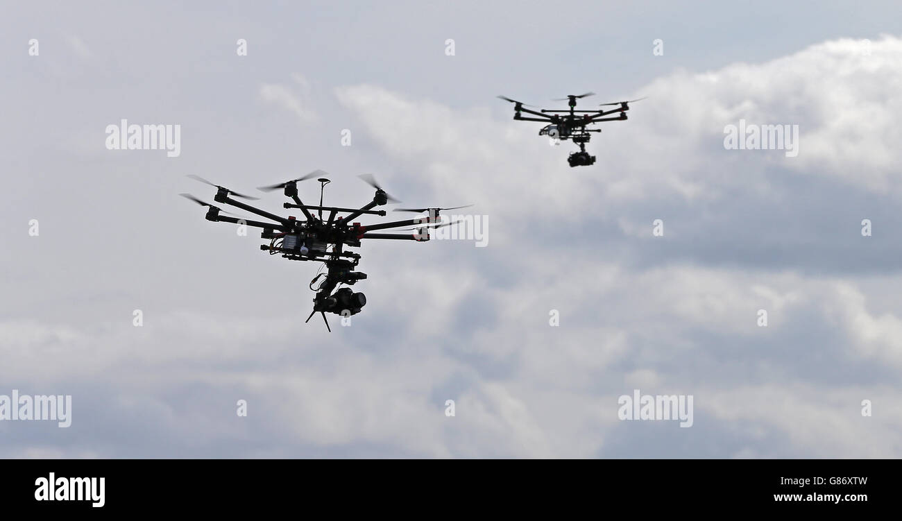 Octocopter type drones are on display at the inaugural Unmanned ...
