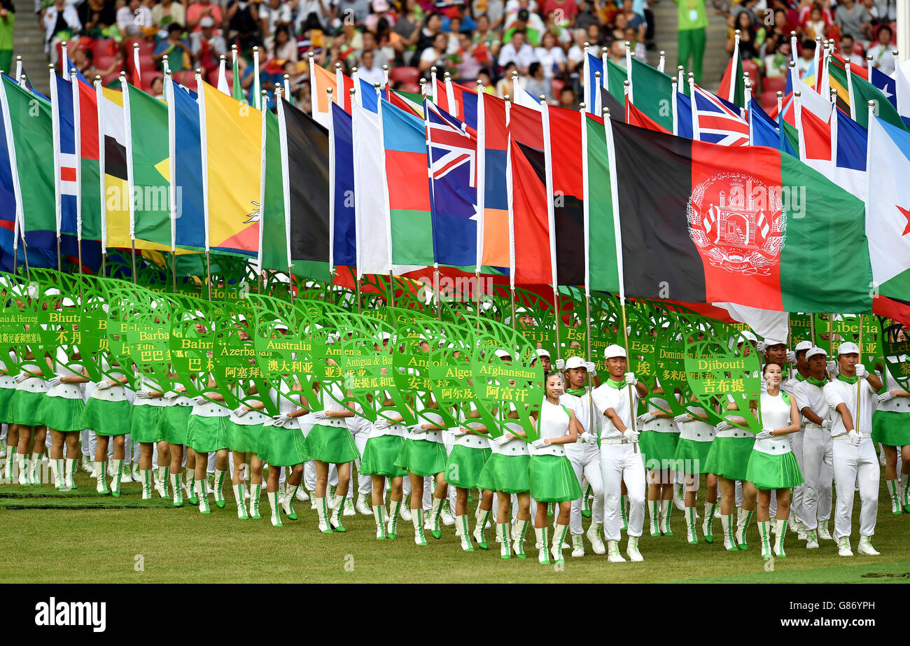 The flags of the competing countries during the opening ceremony of the ...