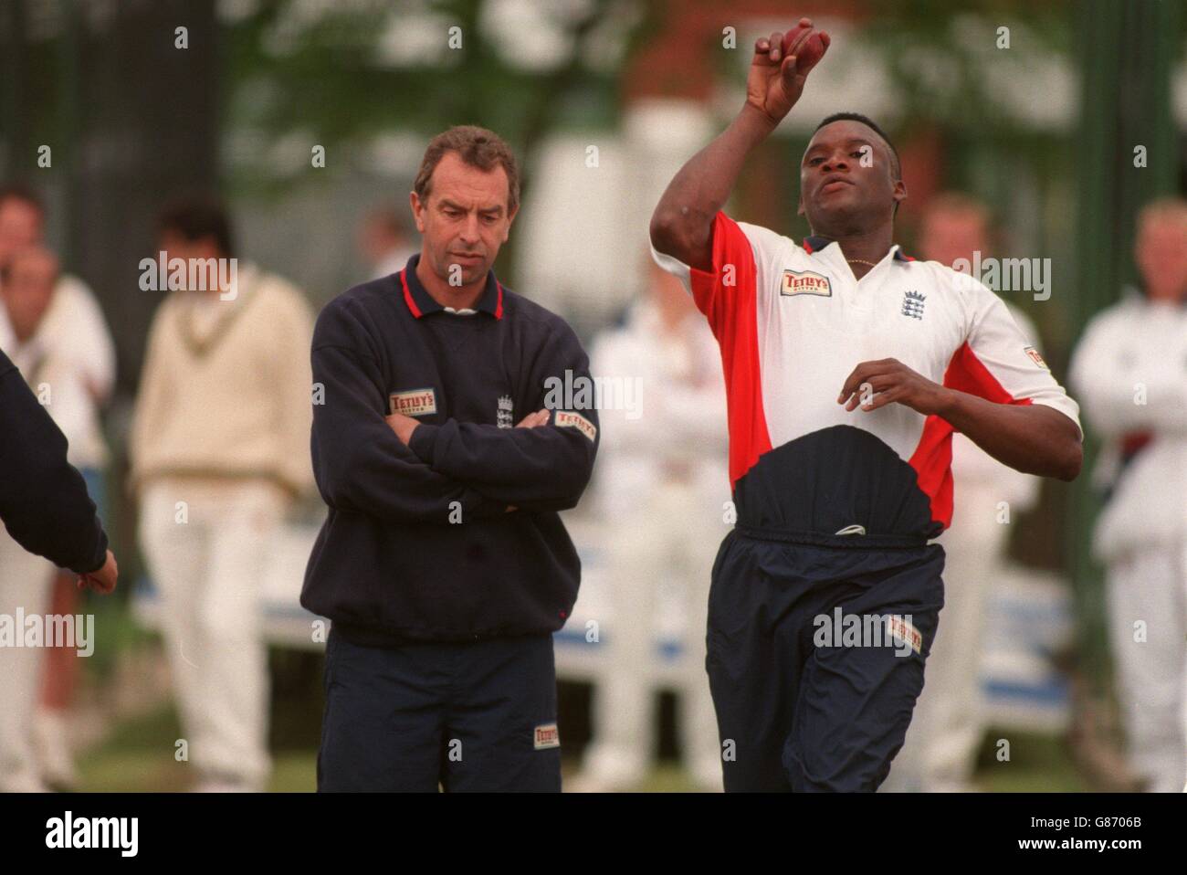 Cricket-England Practice-Old Trafford. Devon Malcolm bowls in the nets ...