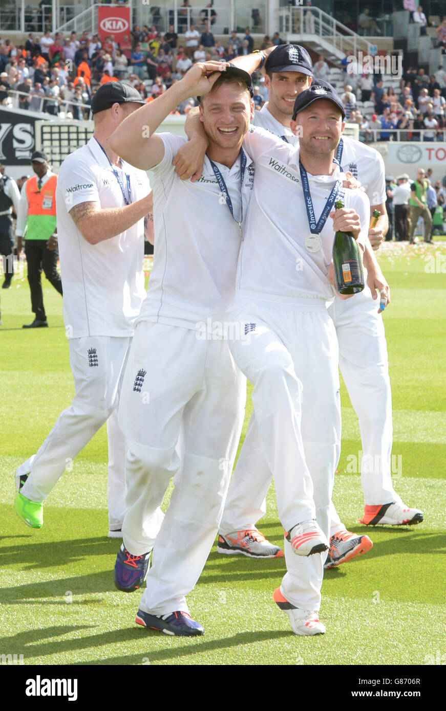 England's Jos Buttler (left) and Adam Lyth celebrate after winning the ...