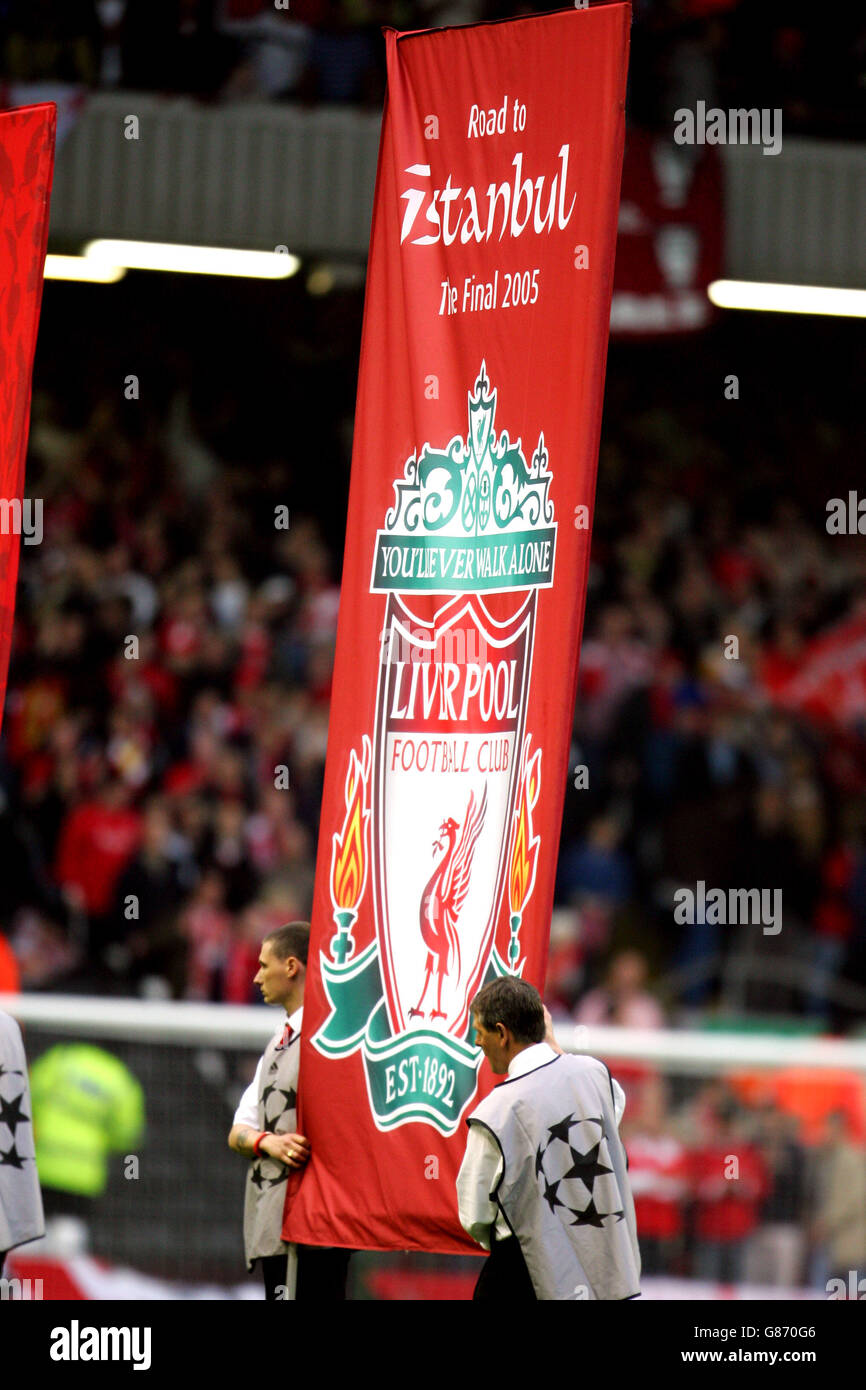 A Liverpool banner is displayed to the fans prior to kick off Stock ...