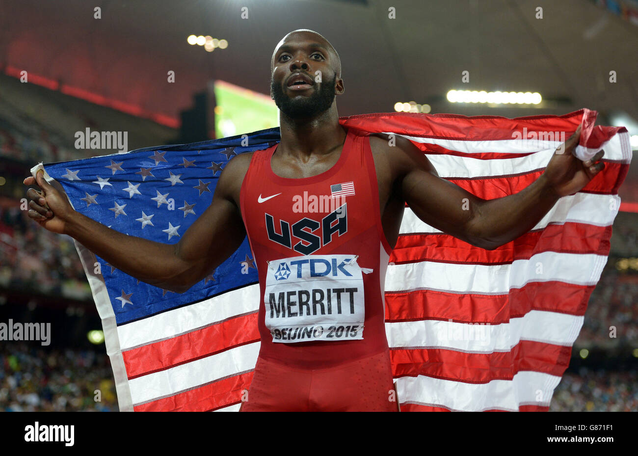 USA's LaShawn Merrit celebrates coming second in the Men's 400 metres ...