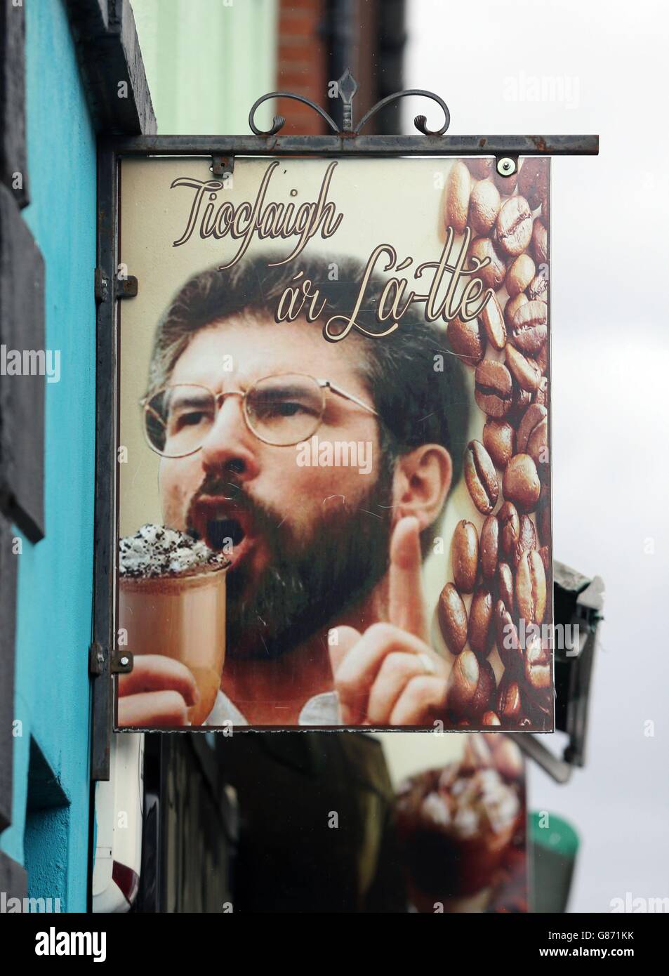 Sinn Fein leader Gerry Adams features on an advert reading Tiocfaidh ar ...