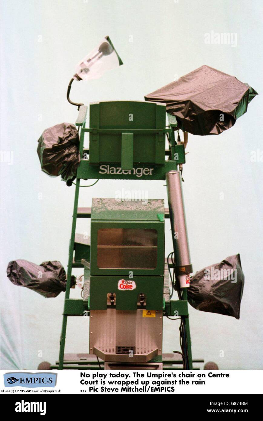 No play today. The Umpire's chair on Centre Court is wrapped up against ...