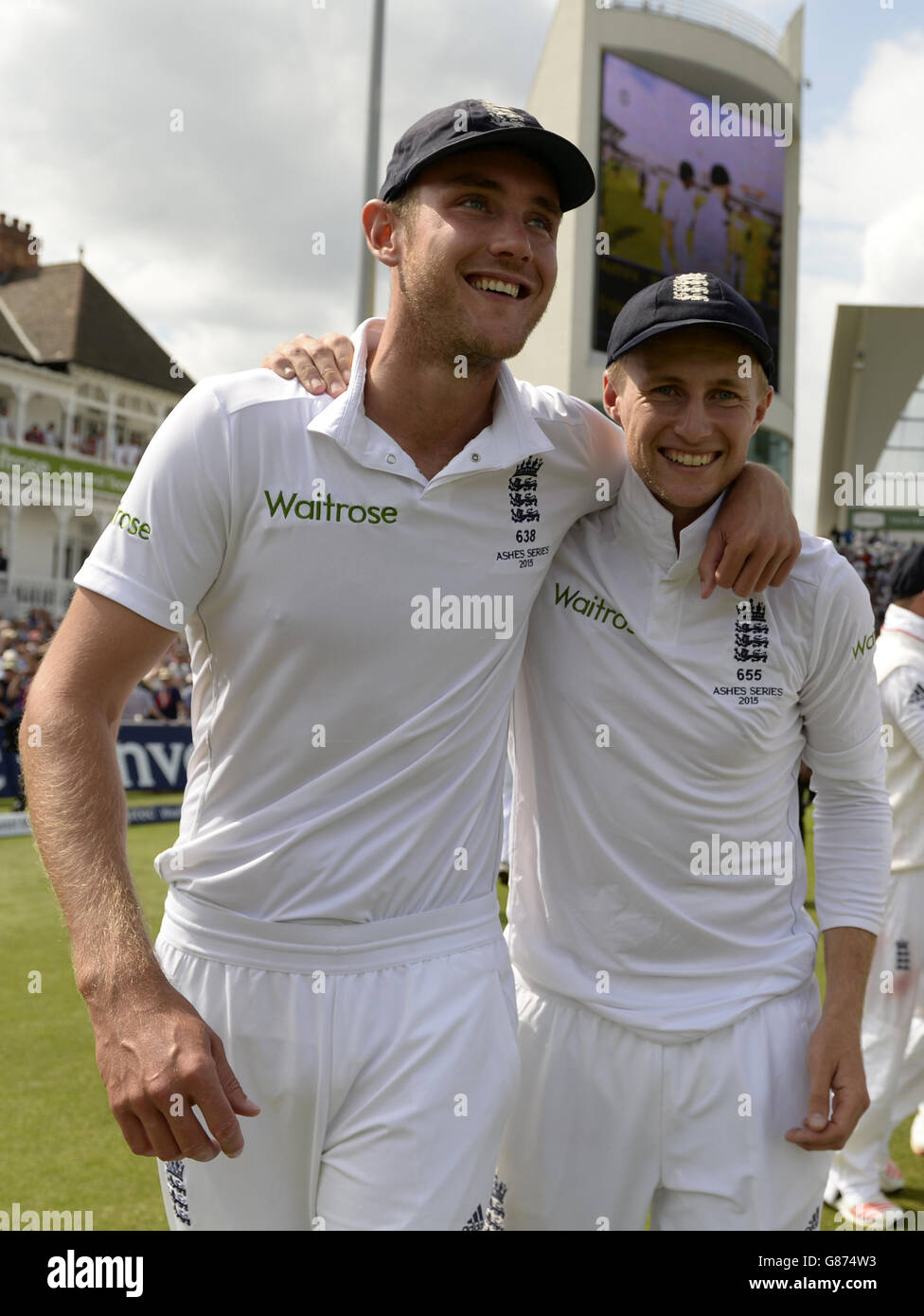 England's Stuart Broad and Joe Root celebrate after winning the Ashes ...