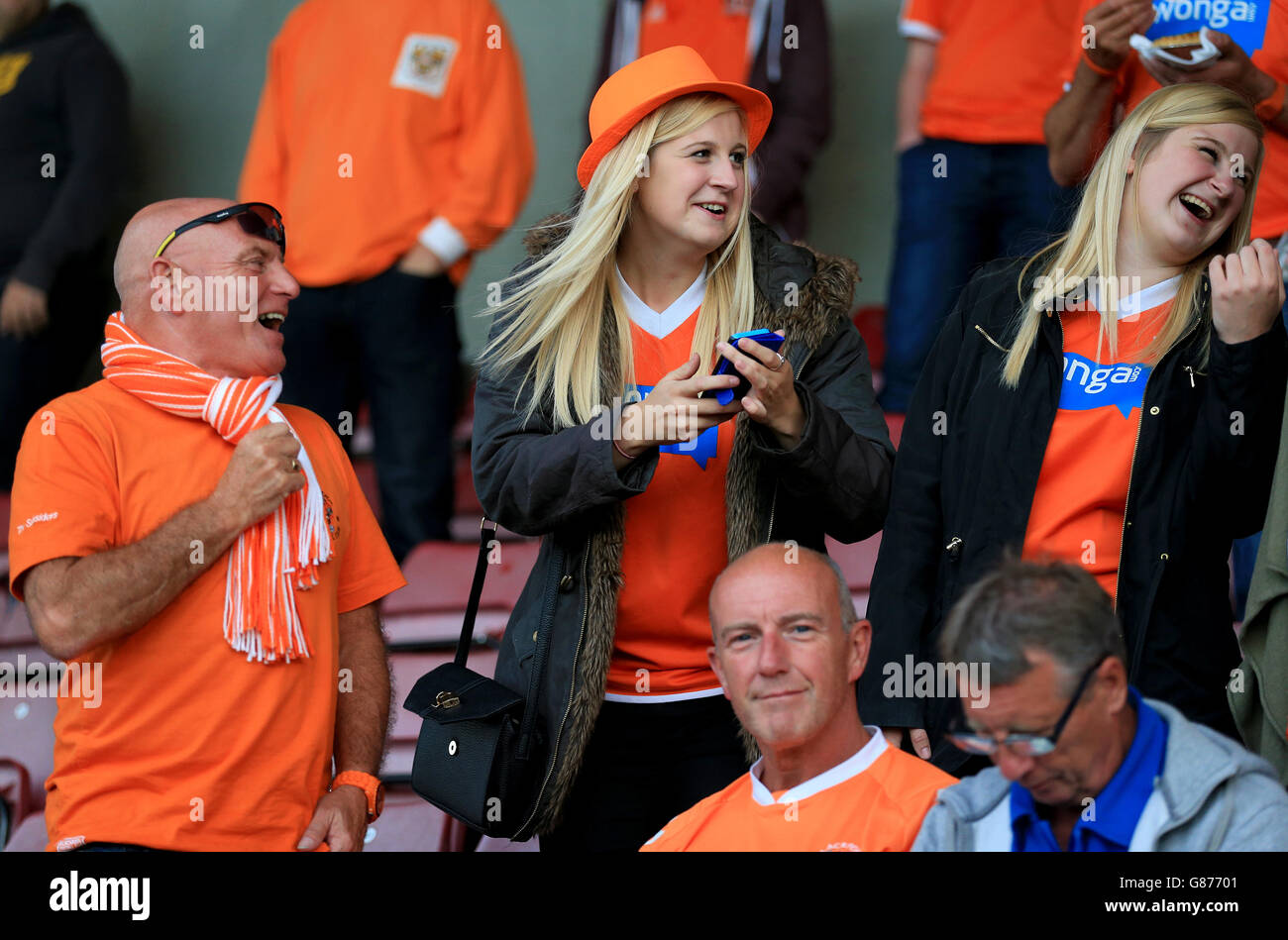 Blackpool fans in good spirits in the stands at Sixfields Stadium Stock ...