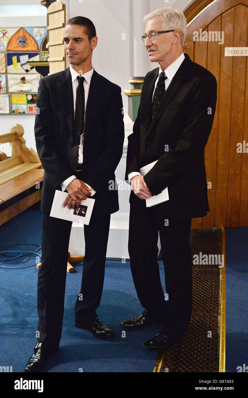 Paul O'Grady (right) and Andre Portasio arrives for the funeral of ...