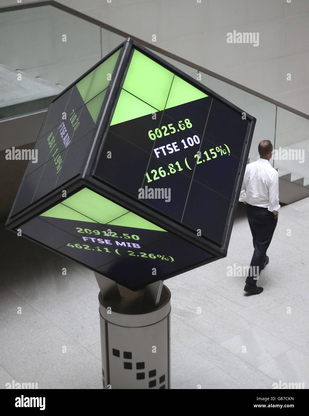 A city worker walks past a stock ticker screen at the London Stock ...