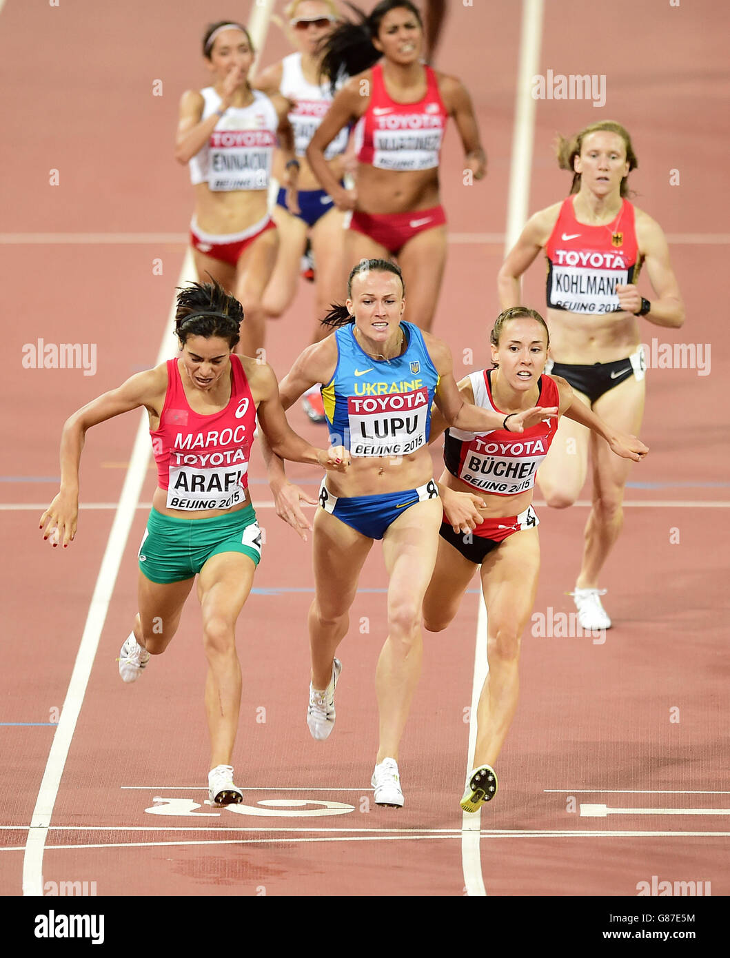 Morocco's Rababe Arafi (left), Ukraine's Natalia Lupu (centre) and ...