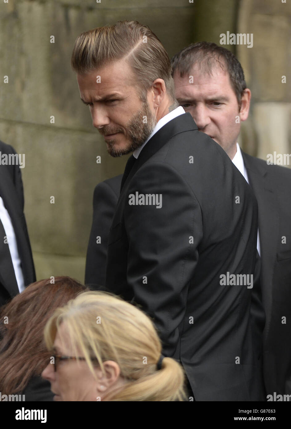 David Beckham arrives at Bury Parish Church in Greater Manchester for ...