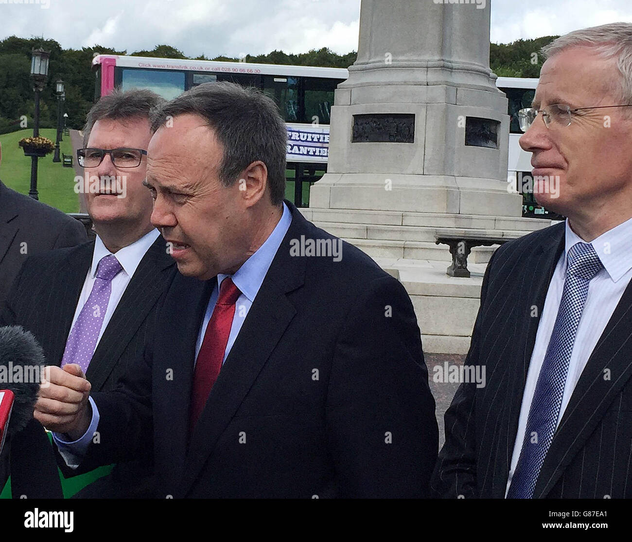 Dup Deputy Leader Nigel Dodds Centre Flanked By Mps Jeffrey Donaldson