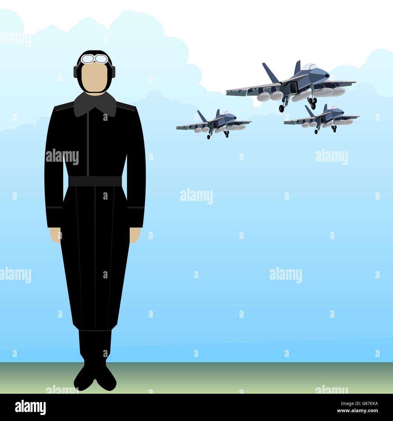 A soldier in uniform on the background of the pilot flying military ...