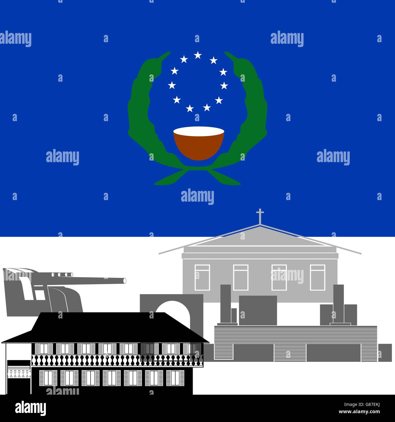 National flag of Pohnpei and architectural attractions. The ...